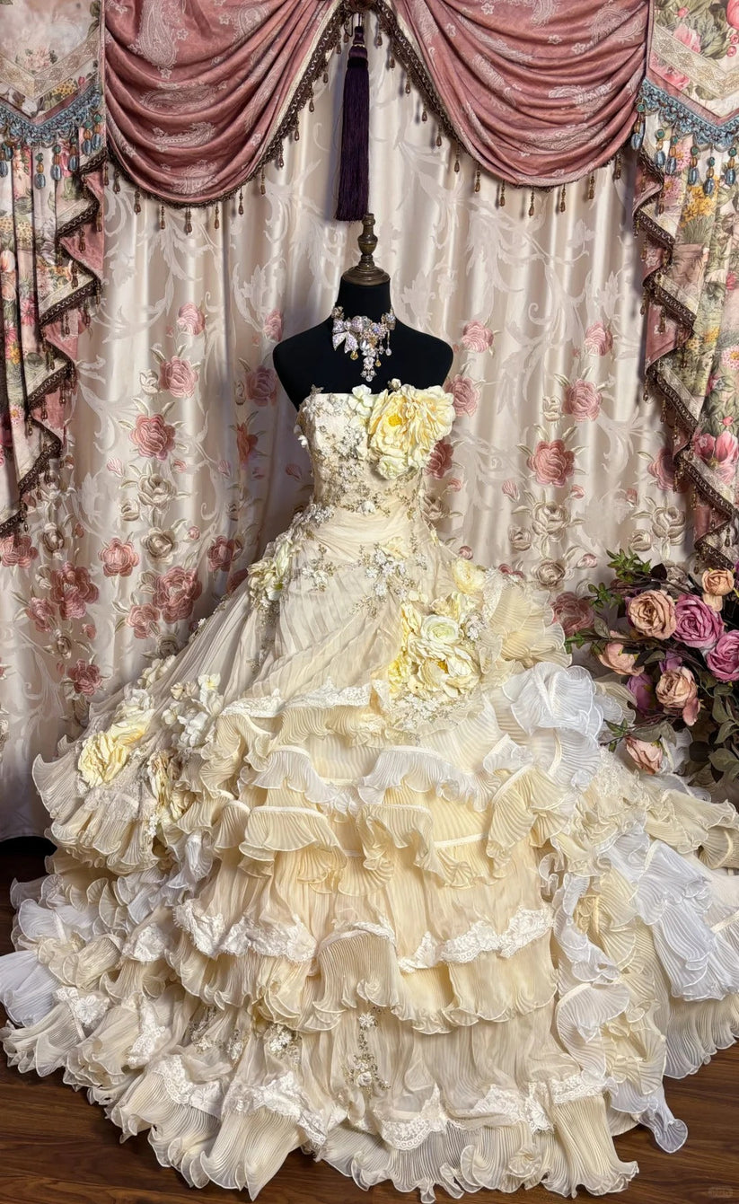 Yellow floral beaded long tulle ball gown evening gown adult gown ...