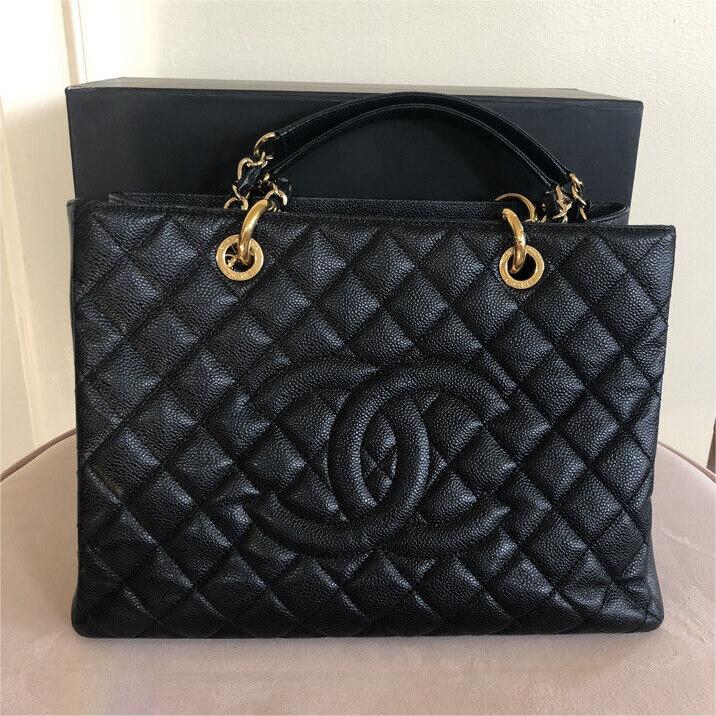 Authentic Chanel CC BlackGold Caviar Quilted Grand Shopping Tote ...