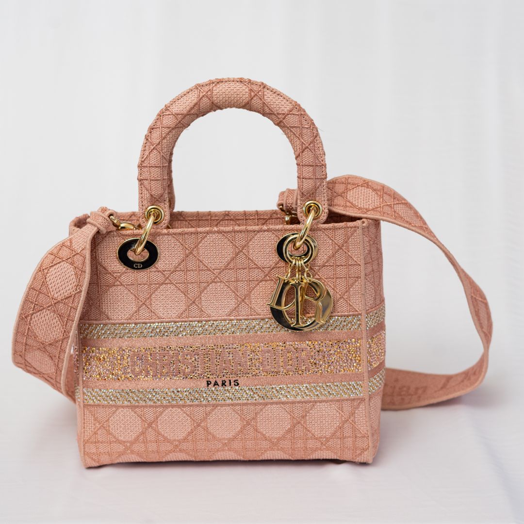 Christian Dior pink cannage stitch crystal embellished lady dior bag ...