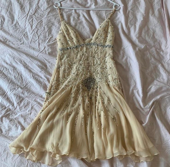 Vintage A line Spaghetti Straps Champagne Chiffon Formal Homecoming ...