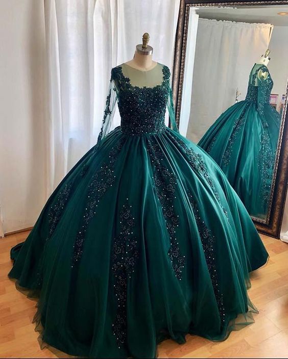 Hunter Green Ball Gown Prom Dresses Long Sleeves – Preppydress